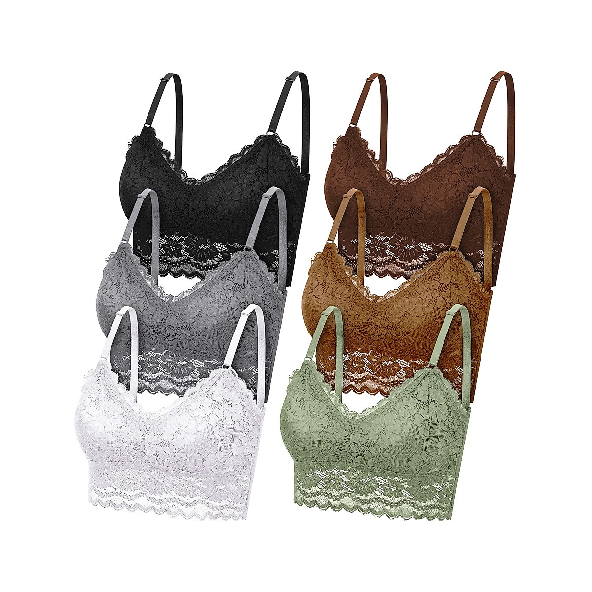 Geyoga 6 Pack Women's Lace Cami Top, Wireless Bralette Floral Non Padded Bandeau Bras with Straps(Black, Dark Chocolate, Chocolate, White, Olive Green, Dark Gray, Medium)