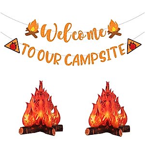 Camping Themed Party Decorations,Pre-strung Glitter Welocme to Our Campsite Banner with 3D Campfire,Camping Decor Camp Out Bachelorette Party Decorations Supplies