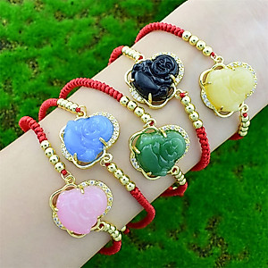 COLORFUL BLING Lucky Laughing Buddha Charm Pendant Charm Bracelet Jade Natural Stone Red Braid String Thread Rope Crystal CZ Zirconia for Women Men Gemstone Amulet Protection Jewelry-Green