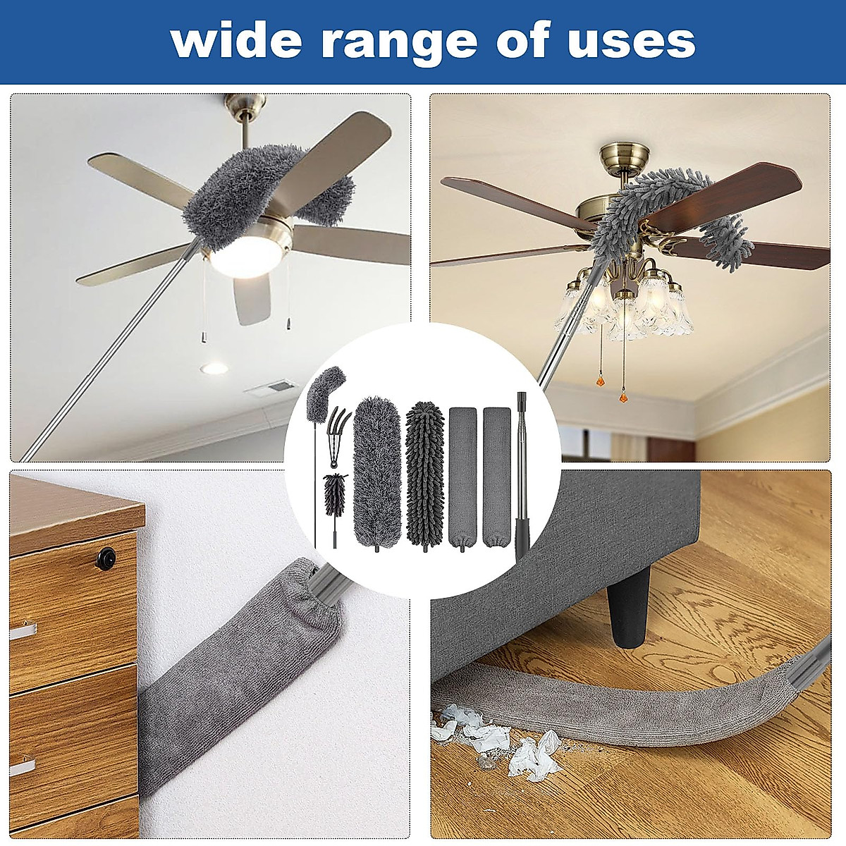 Dusters for Cleaning High Ceiling Fan, Microfiber Duster with Extension Pole 30-100 Inches, FUUNSOO Retractable Gap Dust Brush Cleaner Long Feather Duster for Cleaning Cobweb, Blinds, Furniture