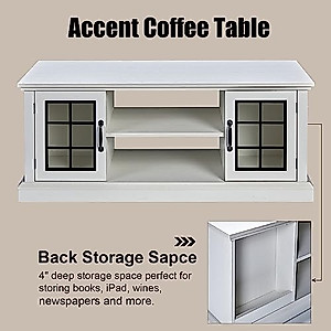 AMERLIFE 47" Rustic Coffee Table, Farmhouse 2 Shelves Center Table with Glass Door Closed Storage Cabinet for Living Room, Distressed White