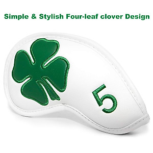 Golf Iron Covers,Golf Iron Head Covers Leather Golf Iron Covers Set 10pcs Golf Iron Headcovers,Lucky Clover Golf Club Head Covers for Iron with Magic Tape Fit All Brands Titleist,Callaway,Ping (White)