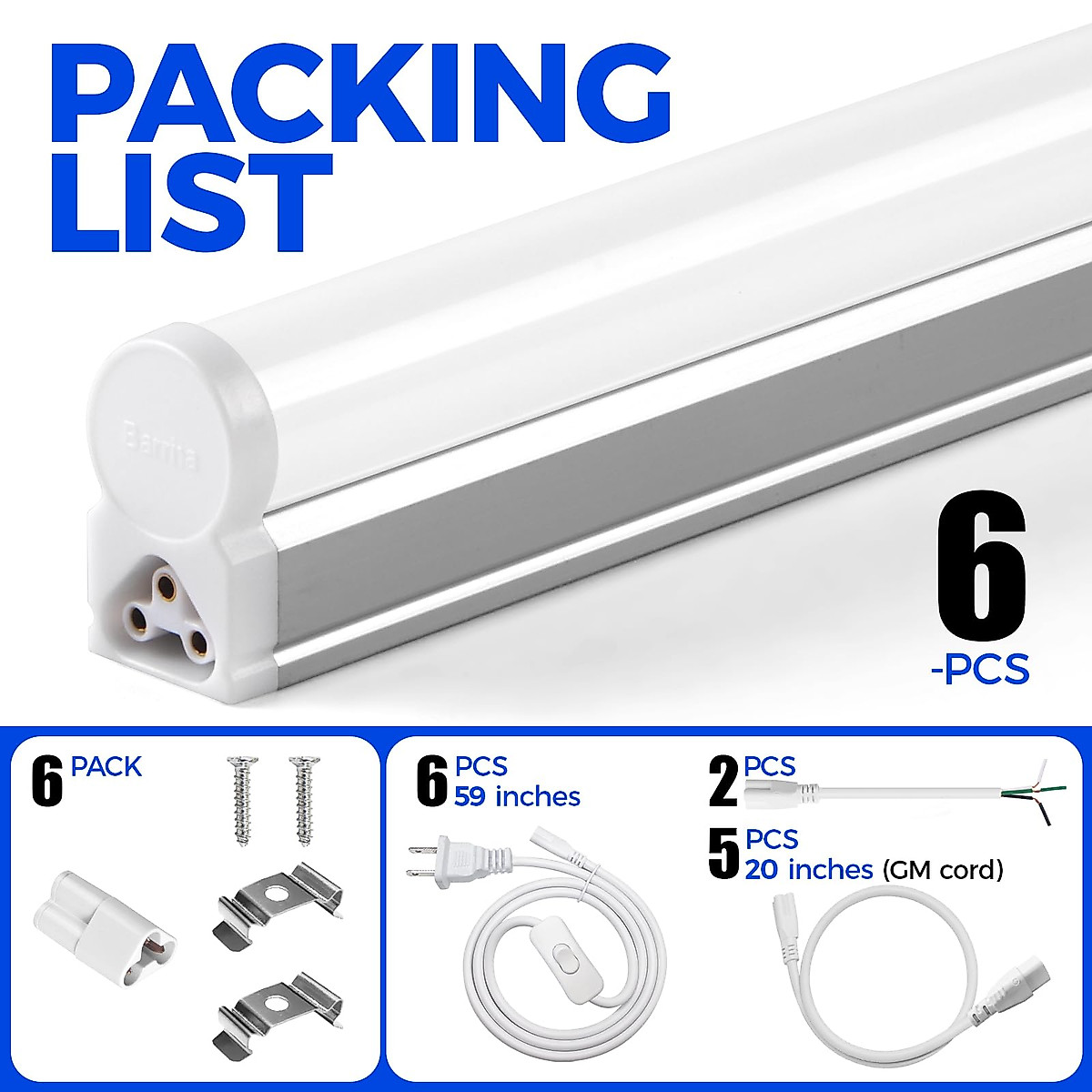 (6 Pack) Barrina LED T5 Integrated Single Fixture, 4FT, 2200lm, 6500K (Super Bright White), 20W, Utility LED Shop Light, Ceiling and Under Cabinet Light, Corded Electric with ON/OFF Switch, ETL Listed