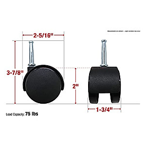 Shepherd Hardware 9418 2-Inch Office Chair Caster, Twin Wheel, 5/16-Inch Stem Diameter, 75-lb Load Capacity, 2-Pack, Black