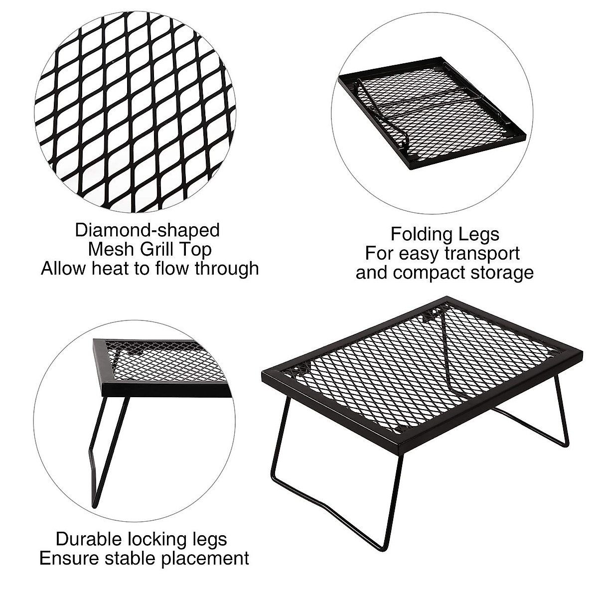 REDCAMP Folding Campfire Grill Heavy Duty Steel Grate, Portable Camp Fire Cooking Racks for Over Fire Pit