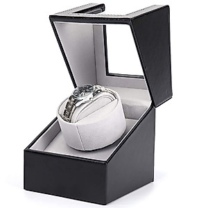 Aokelily Automatic Single Watch Winder, in Wood Shell and Black Leather/Carbon Fiber Leather, Japanese Motor