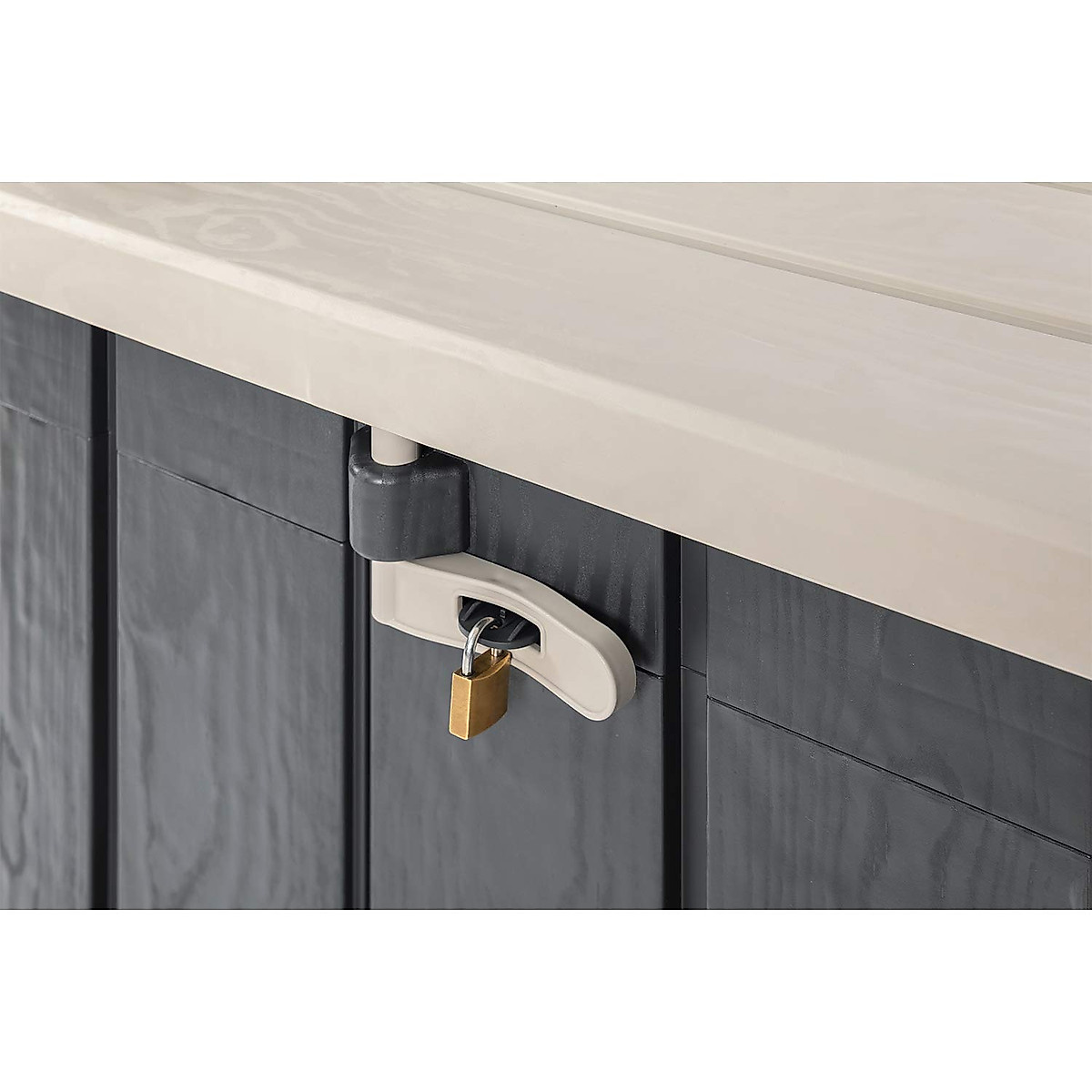 Toomax Stora Way Horizontal Outdoor Storage Shed Cabinet for Trash Cans, Gardening Tools, and Yard Equipment, Taupe Gray/Brown