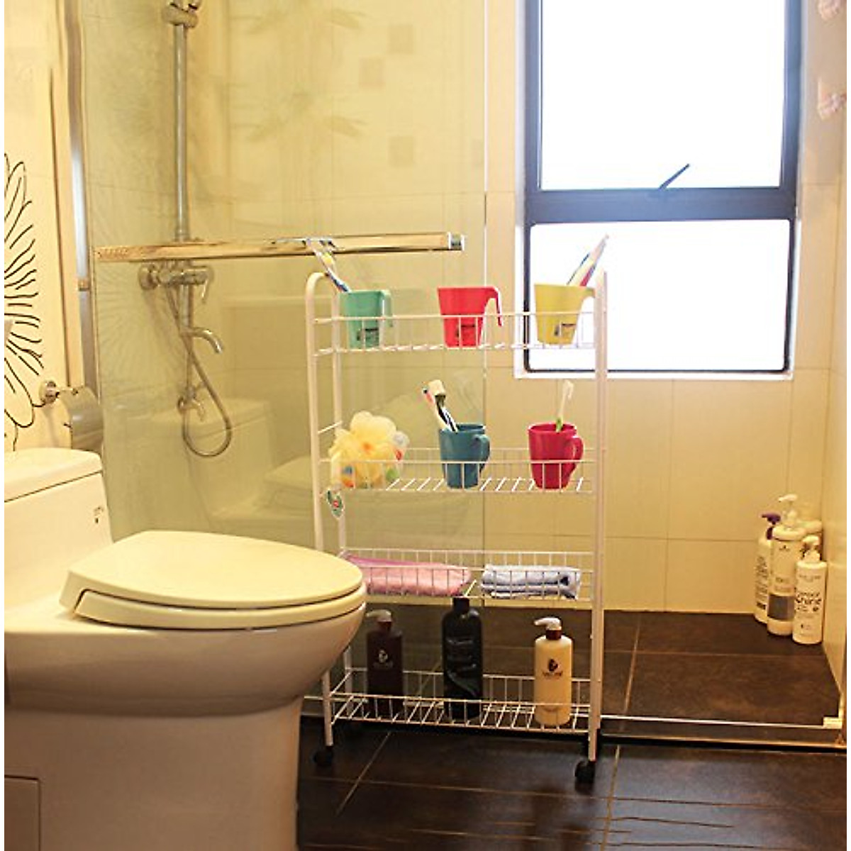 OKOKMALL US--Kitchen Storage Cart Slim Fridge Slide Tower Rack Shelf 4-Tiers with Wheels