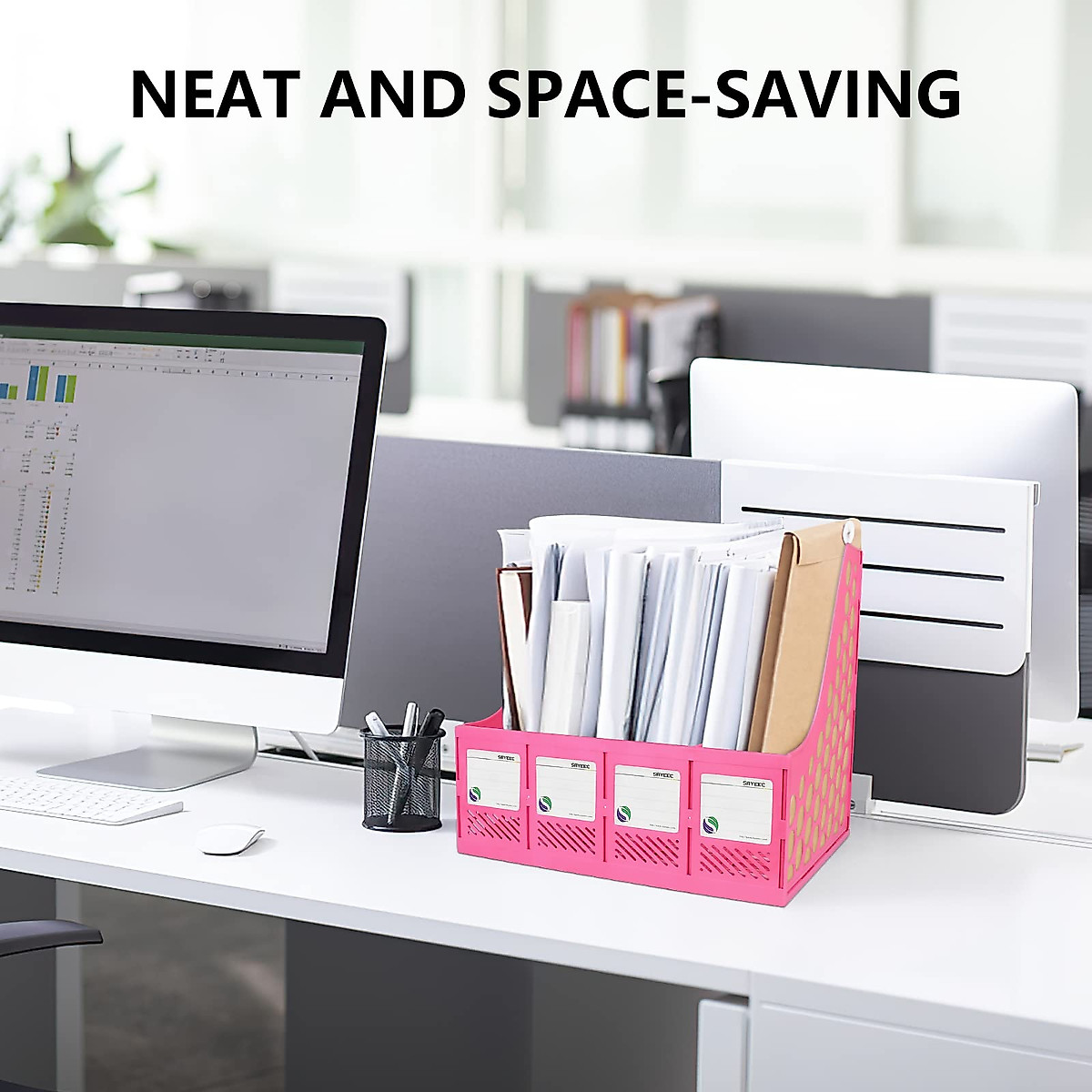 SAYEEC Magazine File Holder, Plastic Desk Organizer File Folder Holder for Desk with 4 Vertical Compartments, Sturdy Desktop Binder Organizer Home Accessories Storage for Office Organization (Pink)