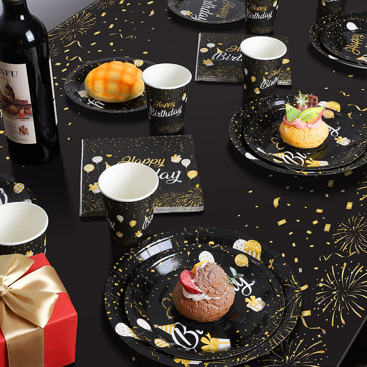 durony 126 Pieces Black and Gold Complete Birthday Tableware Set Party Supplies Includes Paper Cups Plates Napkins Waterproof Tablecloth Happy Birthday Party Favor