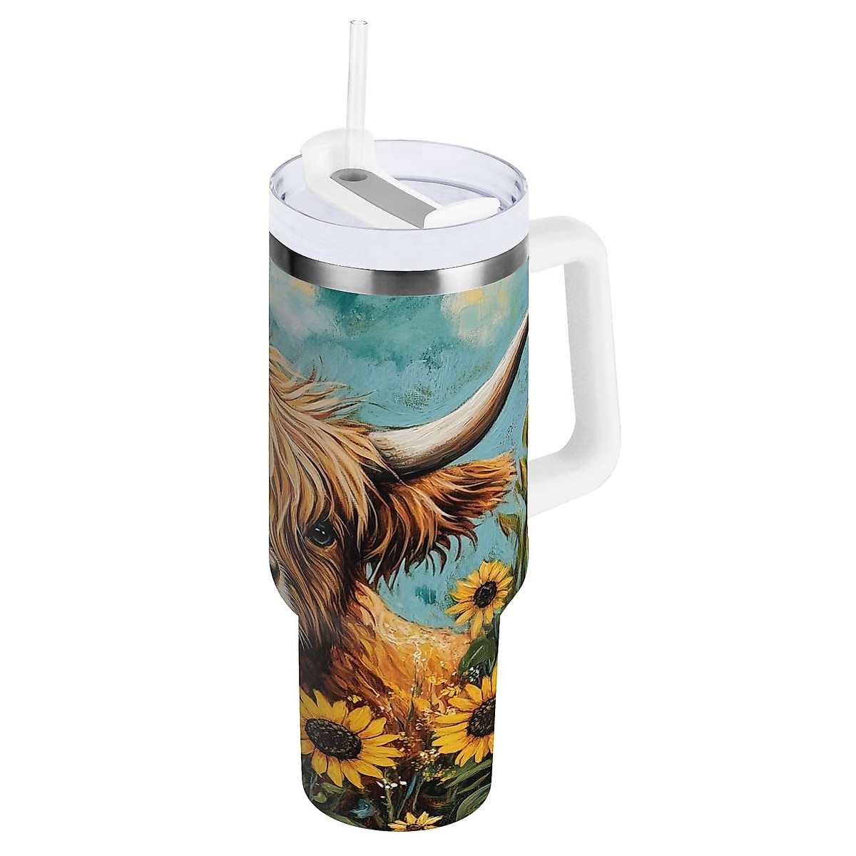 Nesatuwa 30 oz Sunflowers Highland Cow Tumbler with Handle and Straw Lid,Reusable Stainless Steel Vacuum Insulated Tumbler Leakproof Travel Coffee Mug for Iced and Hot Beverages