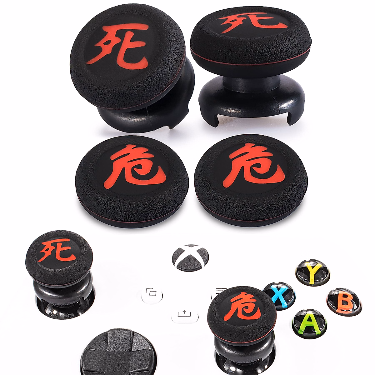 Playrealm FPS Thumbstick Extender x 2 & Printing Rubber Silicone Grip Cover x 4 for Xbox Series X/S & Xbox One Controller(Death of KANJI&Danger of KANJI)