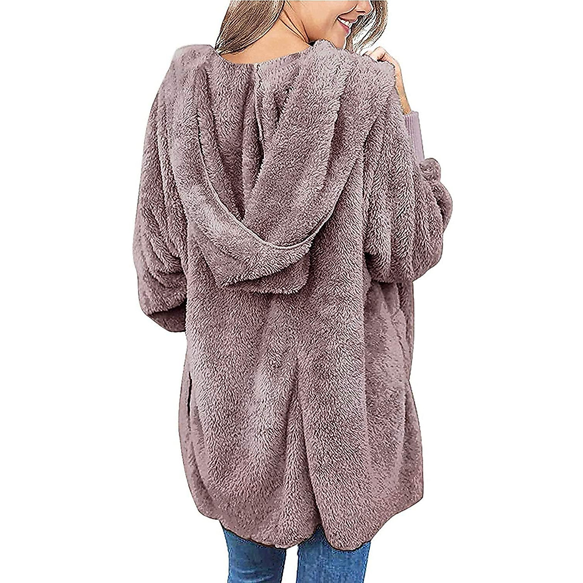 Zilcremo Women Hooded Cardigan Fuzzy Jacket Winter Open Front Fleece Coat Outwear with Pockets Purplish Brown XL