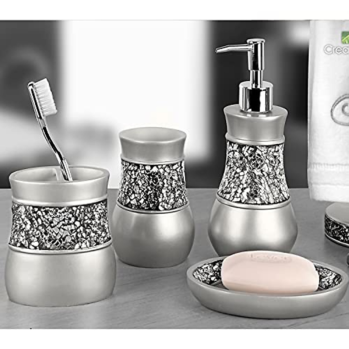 Creative Scents Gray Bathroom Accessories Set - 4 Piece Bathroom Decor Set for Home, Bath Restroom Set Features Soap Dispenser, Toothbrush Holder, Tumbler, Soap Dish - Bling Silver Mosaic Glass