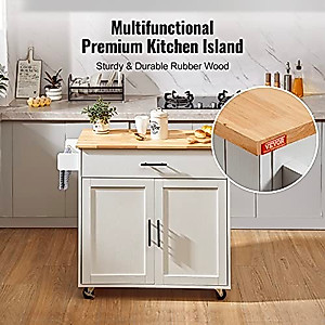 VEVOR Kitchen Island Cart with Solid Wood Top, 35.4" Width Mobile Carts with Storage Cabinet, Rolling Kitchen Table with Spice Rack, Towel Rack, Drop Leaf and Drawer, Portable Islands on Wheels, White