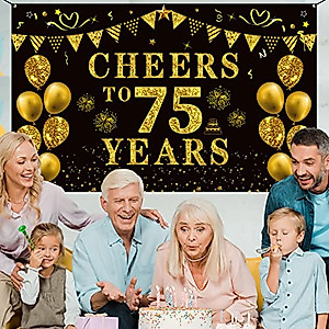 Trgowaul 75th Birthday Decorations for Women Men, Cheers to 75 Years Banner, Black Gold 75th Birthday Backdrop, 75th Wedding Anniversary Decorations for Couple, Party Sipplies Photography Background
