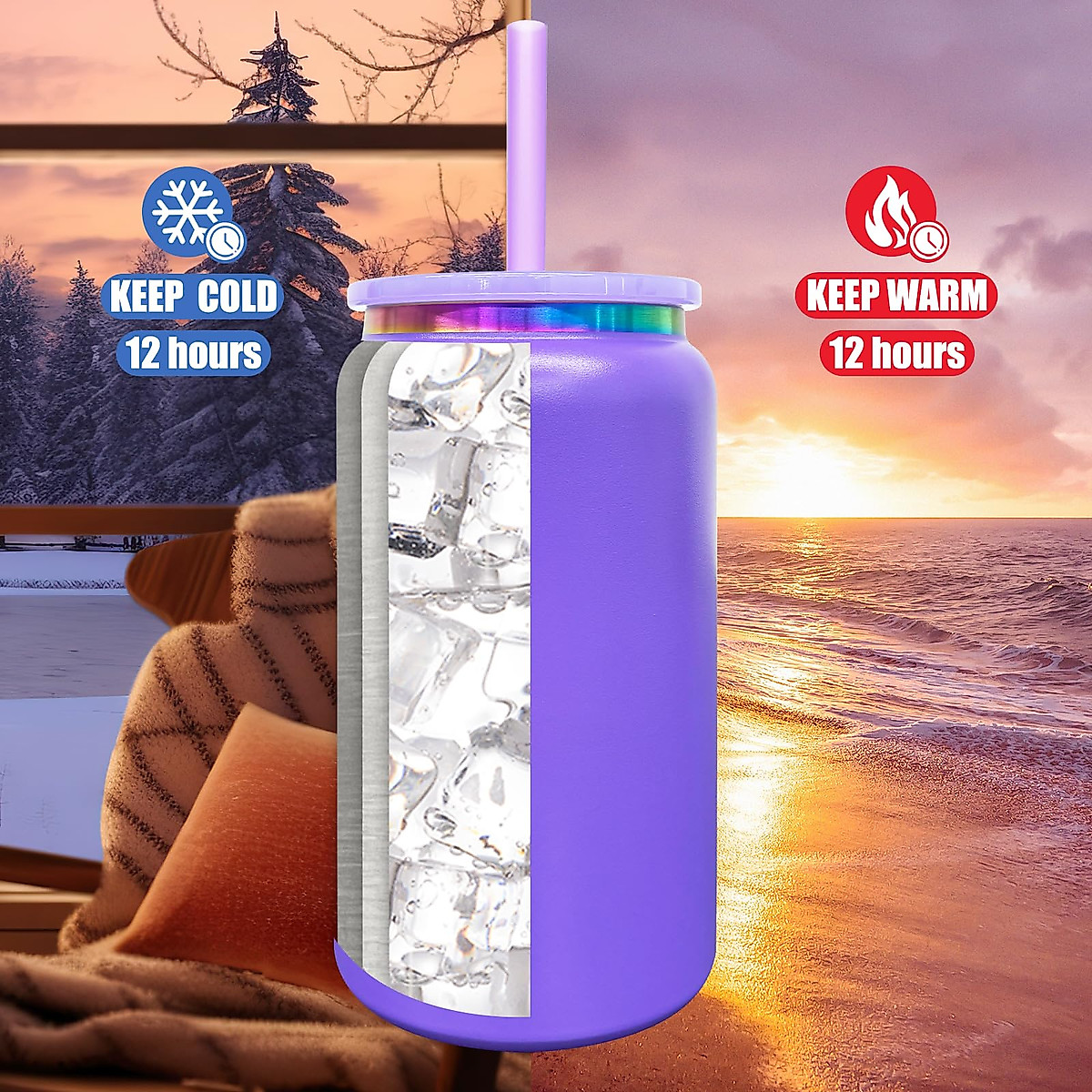 Glass Cups with Lids and Straws, 16 oz Stainless Steel Cups, Insulated Skinny Tumbler, Powder Coated Travel Mugs for Laser Engrave, Iced Coffee Cup for Smoothie Water DIY Gift (Purple,1 pack)