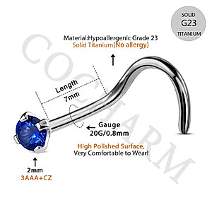 COCHARM 20G G23 Titanium Blue Screw Nose Studs Ring S-Shaped Diamond Cubic Zirconia Nose Bone Piercing Jewelry