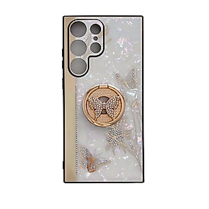 WPCase Samsung Galaxy S23 Ultra Bling Butterfly Case, Cute Butterfly Stand Glitter Diamond Design with Butterfly Ring,Luxury Plating Shell Back Texture Soft TPU Bumper for Women Girls-White