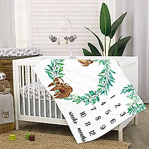 Sloth Baby Monthly Milestone Blanket Baby Boy Greenery Watercolor Jungle Baby Blanket for Boys and Girls Newborn Baby Gift Idea Photography Backdrop Soft Fleece Blanket