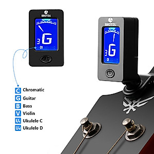 BROTOU Guitar Tuner Clip On with Guitar Capo for Guitar, Bass, Violin, Ukulele, Digital Electronic Tuner Acoustic Guitar Accessories with LCD Display