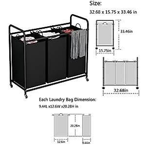LINZINAR 3-Bag Laundry Sorter Laundry Hamper Cart with Heavy Duty Rolling Lockable Wheels and Removable Bags (Black)