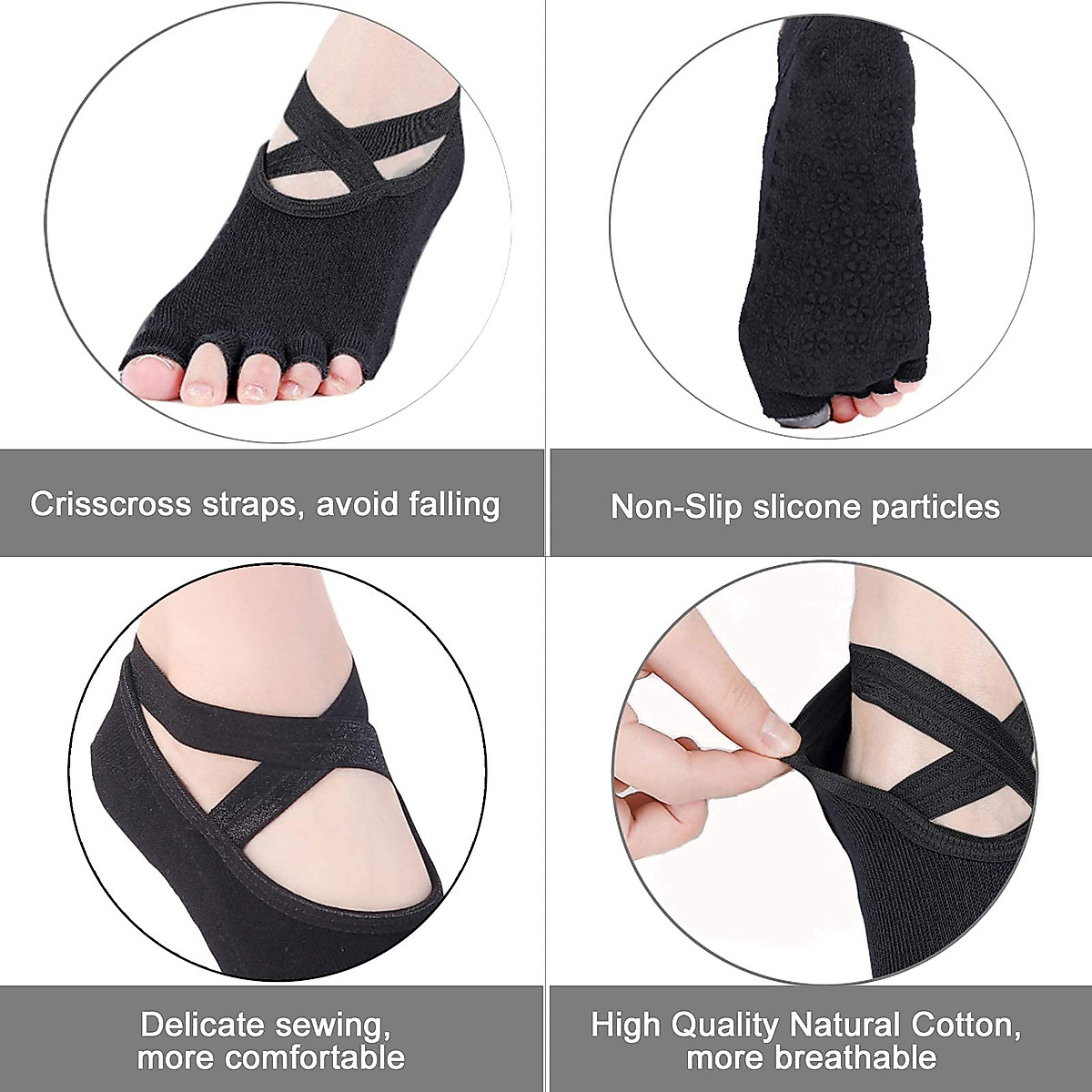 KEBABO Yoga Socks for Non-Slip Women Sock Sox Five Toe with Grips Toeless One Size 2 Pairs 6-10 Black