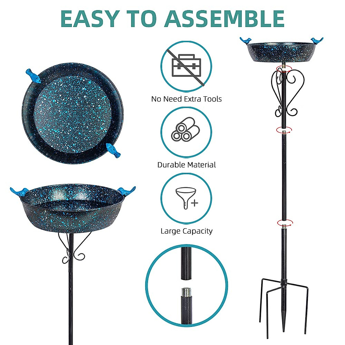 VEWOSTAR Outdoor Garden Bird Bath, Metal Birdbath with Stable Stakes Bird Feeders for Outdoor Yard Lawn Patio (3" Deep*35" Height)