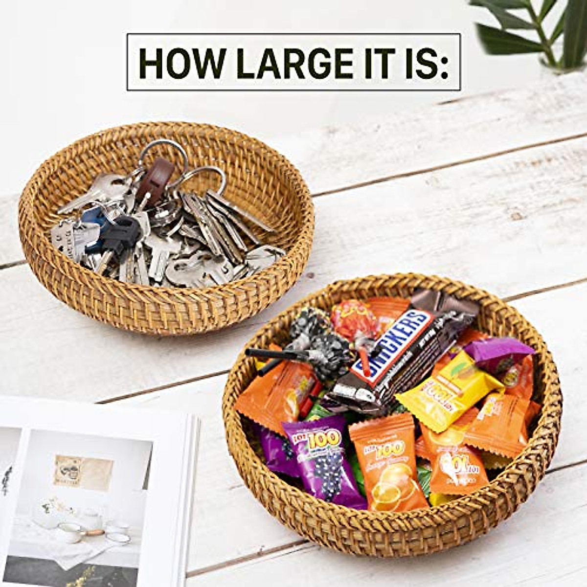 Small Key Bowl for Entryway Table Wicker Decorative Bowls Keys Holder Basket Handmade Woven Display Wall Baskets Rattan Fruit Candy Wallet Storage Organizing Kitchen Countertop (XS: 7.3" Set 1)
