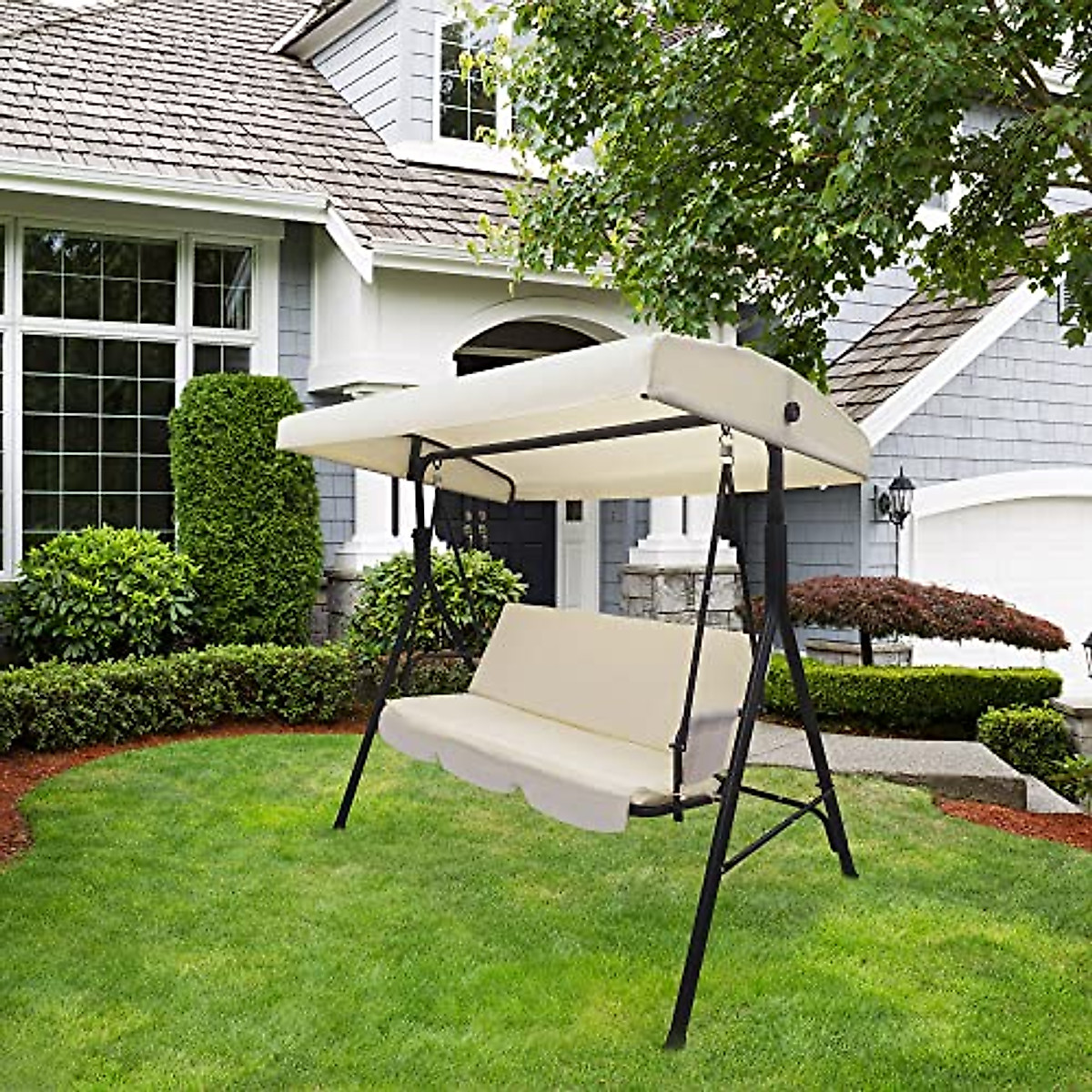 Outdoor Patio Swing Chair for 2-3 People, with Removable Cushion and Convertible Canopy, Weather Resistant Powder Coated Steel Frame, for Patio, Backyard, Garden (Light Off-White)