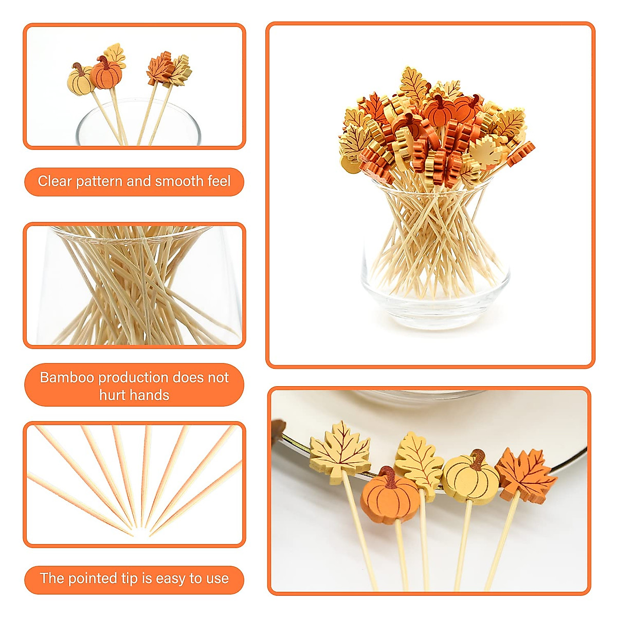 Pumpkins Maple Leaves Fall Cocktail Picks Autumn Theme Toothpicks Fruit Drinks Dessert Sticks Food Sandwich Appetizer Charcuterie Skewers, for Thanksgiving Day Decorations Party Supplies (100)