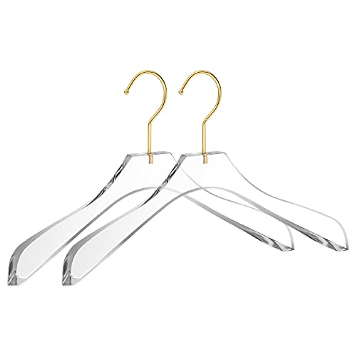 Quality Clear Acrylic Clothing Hangers – 2 Pack, Curved Stylish Clothes Hanger with Gold Hooks - Coat Hanger for Dress, Suit - Closet Organizer Adult Hangers - Heavy Duty Cloth Hangers (Gold Hook, 2)