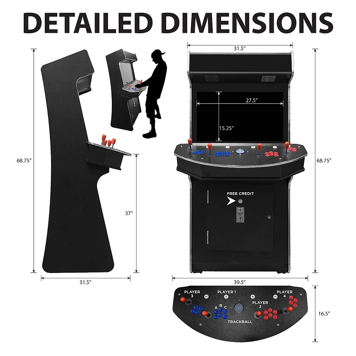 Creative Arcades Slim Full Size Stand-Up Commercial Grade Arcade Machine | 4 Player | 3500 Games | 32" LCD Screen | 4 Sanwa Joysticks | Trackball | 2 Stools Included | 3 Year Warranty
