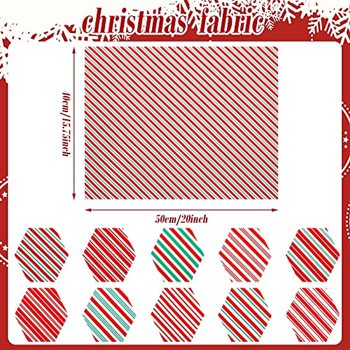 10 Pieces Christmas Fabric Bundles Sewing Quilting Fabric Xmas Red and Green Candy Cane Printing Fabric Squares Craft Fabric for Patchwork Sewing DIY Craft Christmas Party Supplies (20 x 15.75 Inches)