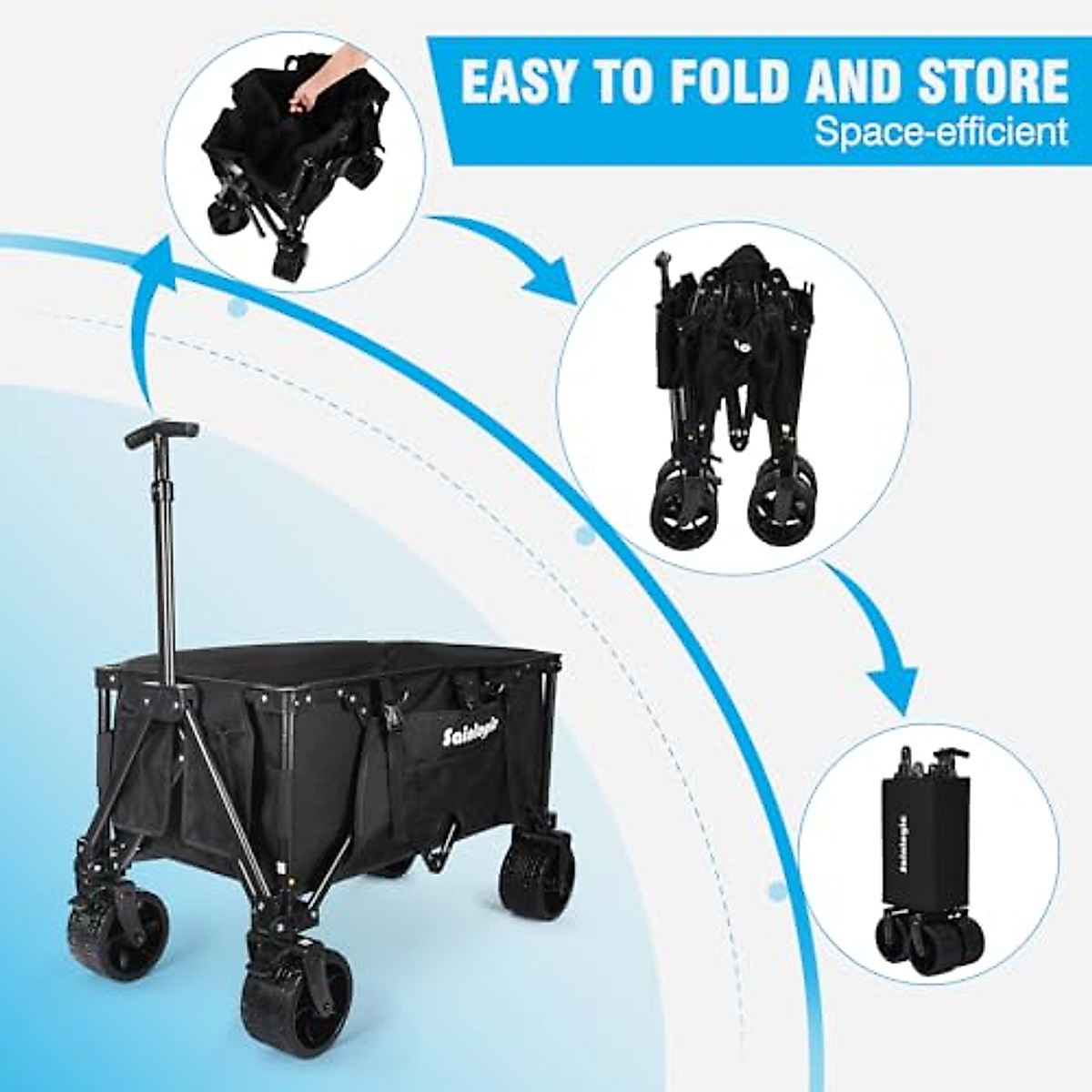Sainlogic Collapsible Foldable Wagon, 120L Capacity Shopping Cart with Brake, Portable Folding Wagon with Big All-Terrain Wheels