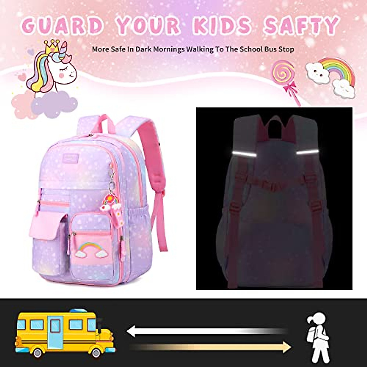 BEFUNIRISE Girls Backpack, School Backpacks 16 17 inch for Girls,Cute Book Bag for Teen Kid Elementary Middle High School (Purple Set, Small)