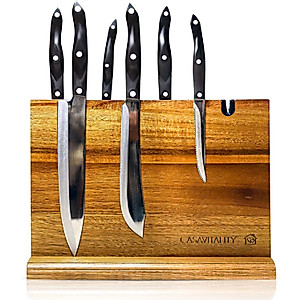 Acacia Wood Magnetic Knife Block 14 x 10" - Double Sided Magnet Knife holder - Magnetic Knife Board W/Knife Sharpener - Knife Holder for Kitchen Counter - Detachable Knife Display Stand
