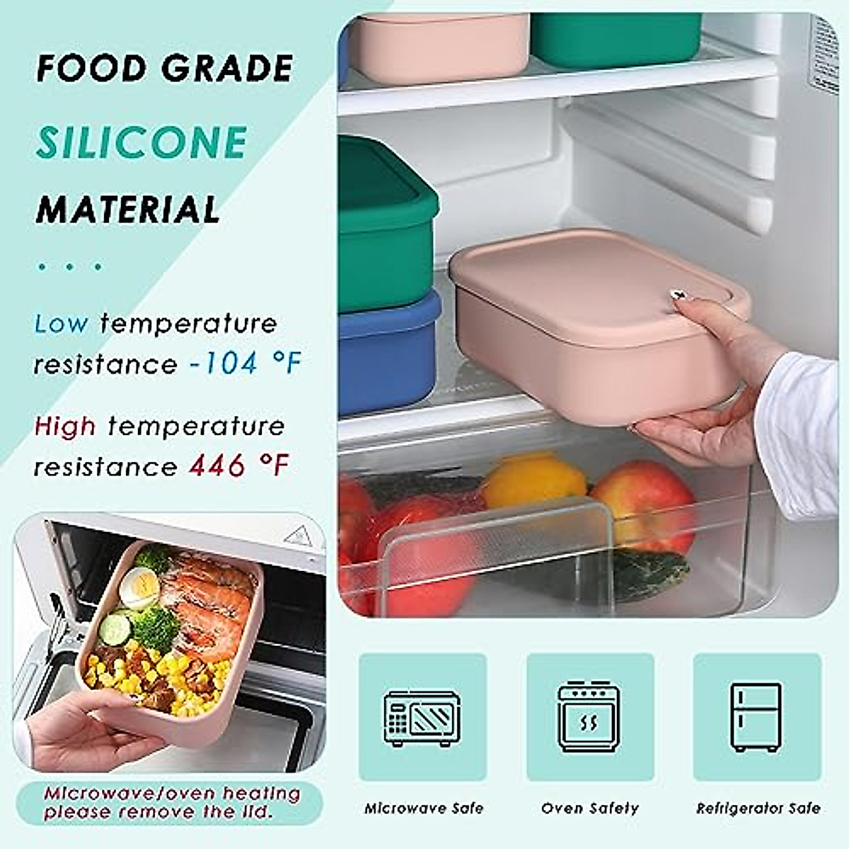 Keweis Silicone Food Storage Container, 47Oz Bento Lunch Box Silicone Containers with Lids, Hard-Shell Silicone, Airtight, Microwave, Dishwasher and Freezer Safe (Green)