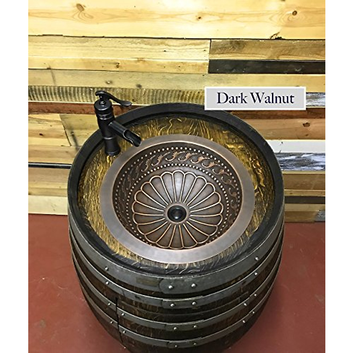 Wine Barrel Copper Sink Vanity with Hidden Hinged Door and Antique Waterfall Faucet