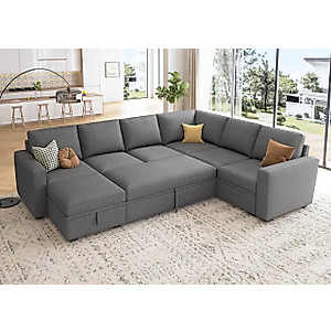 HONBAY Modular Sectional Sleeper Sofa with Pull Out Bed, U Shaped Sectional Couch with Storage Ottoman Convertible 7-Seater Sofa, Dark Grey