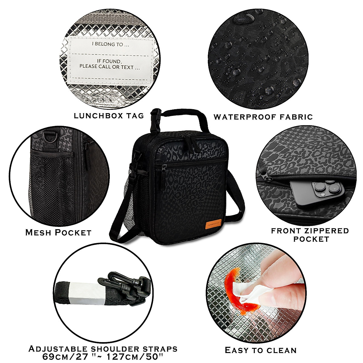 SIBOFUEGO Insulated lunch Box for Men Women - Cute Reusable Lunch Bag for Adult ，Small Lunchbox with Adjustable Shoulder Strap, Durable Cooler Tote Bag for Work Office Picnic Beach (Black Leopard)