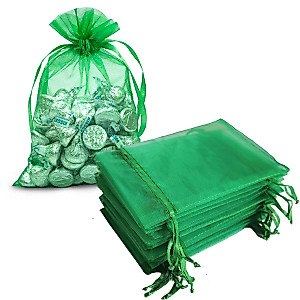 Dkrsyz Pack of 50 Gift Organza Bag Green Drawstring 4x6 Inch for Baby Shower,Christmas,Baby Boy Birthday,Party Favor,Wedding,Graduation,Hotel Room Decor Sheer Mesh Fabric Wrap Silk Sachet for Jewelry