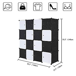 DWLOMHE Modular Cabinet DIY Storage 16 Cubes for Space Saving,for Bedroom Living Room,Black and White Combination Door