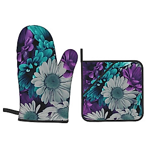 YILEQUAN Purple and Teal Flowers Print Oven Mitts Pot Holders Sets,Kitchen Glove High Heat Resistant 500 Degree Potholder,Surface Safe for Baking, Cooking, BBQ,Pack of 4 One Size