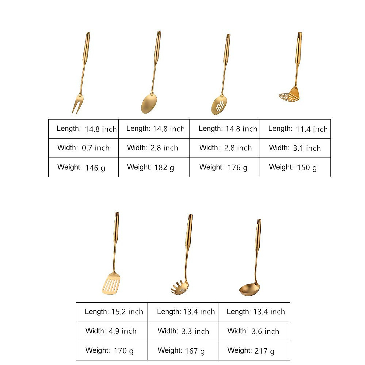 7 Pcs Round Handle Cooking Utensil Set, 304 Stainless Steel Gold Titanium Plated Cookware Sets with Public Fork/Spoon, Potato Mashers, Slotted Spatula, Soup Ladle, Pasta Server, Kitchen Tool Gadget