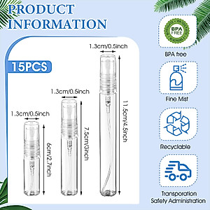 15 Pack Mini Spray Bottle, 3ml/5ml/10ml Fine Mist Plastic Spray Bottles, Refillable Atomizer Bottle for Perfume Small Empty Sample Containers Portable Travel Size Bottle