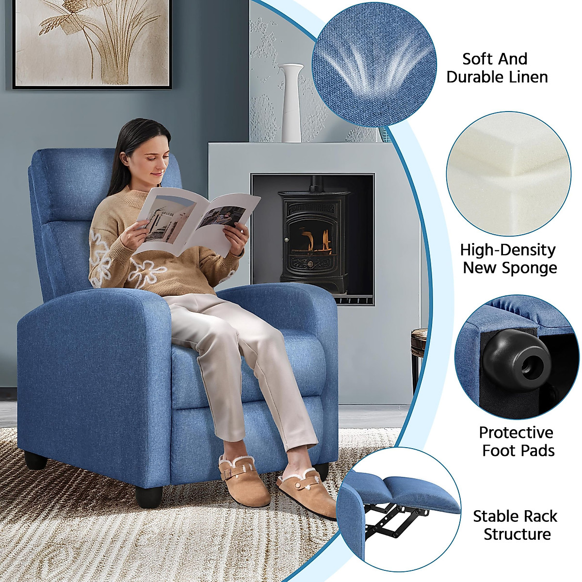 Yaheetech Fabric Recliner Chair Sofa Ergonomic Adjustable Single Sofa with Thicker Seat Cushion Modern Home Theater Seating for Living Room Light Blue
