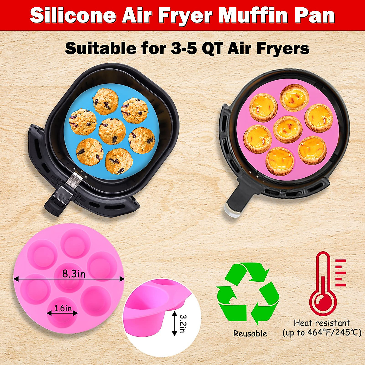 XANGNIER Silicone Muffin Pan for 3QT-5QT Air Fryer,2 Pcs Cupcake Tray Baking Mold,Reusable Non-stick Air Fryer Baking Pan,Air Fryer Accessories