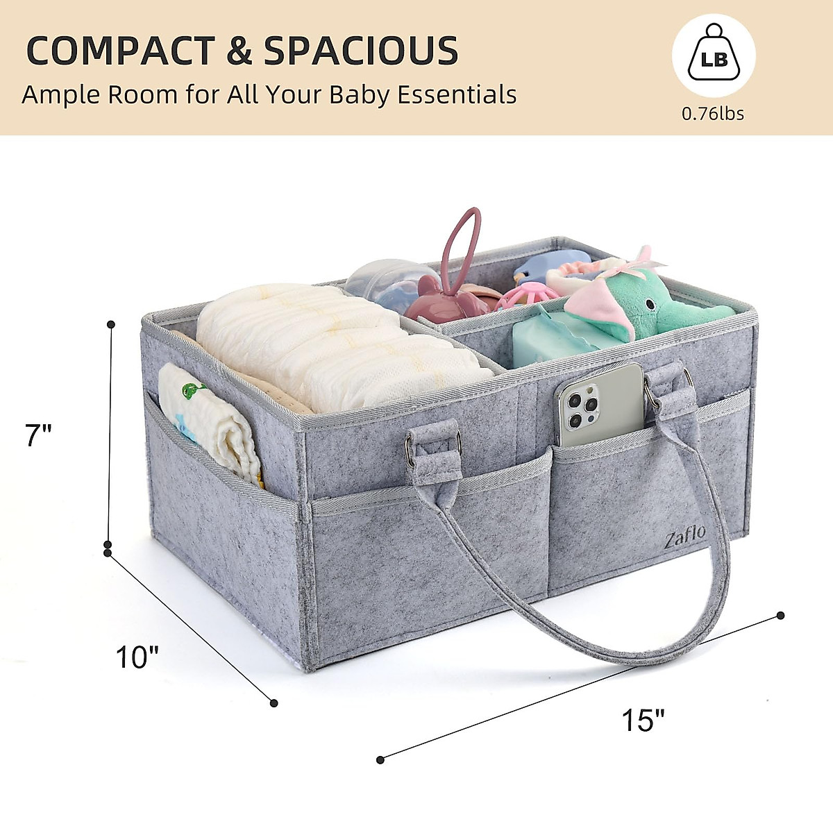 Zaflosh Baby Diaper Caddy Organizer, Large Size Diaper Organizer with Removable Dividers, Car Diaper Caddy, Baby Organizer for Changing Table, Nursery Storage Caddy for Baby Essentials