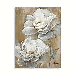 Yidepot Floral Canvas Wall Art Peony Flower Picture Abstract White and Gold Painting Giclee Print Artwork Home Decor for Bedroom Bathroom Ready to Hang 12"x 16"x 1 Panel